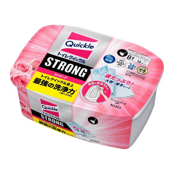 液たっぷり大判・厚手シートでトイレすっきり！トイレクイックル史上　最強の洗浄力※！液量たっぷりだから、頑固な乾燥汚れも一気にラク落ち！大判・厚手シートでトイレまるごとこれ１枚ですっきり。プレミアムローズの香りで、心地よいトイレ空間続く。便器...