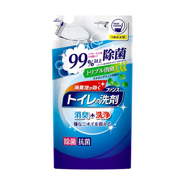 消臭泡がしっかり汚れに吸着し分解します。5分間で99％以上の除菌効果（大腸菌・黄色ブドウ球菌）。爽やかなストロングミントの香りですっきり消臭。