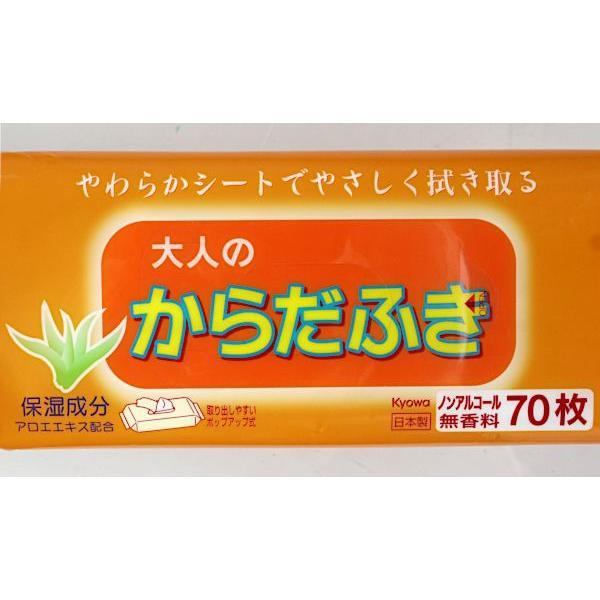 大人用のからだふきシート、70枚入りです。お肌にやさしいノンアルコール・無香料です。取り出しやすいポップアップ式です。入浴できない時などに便利です。