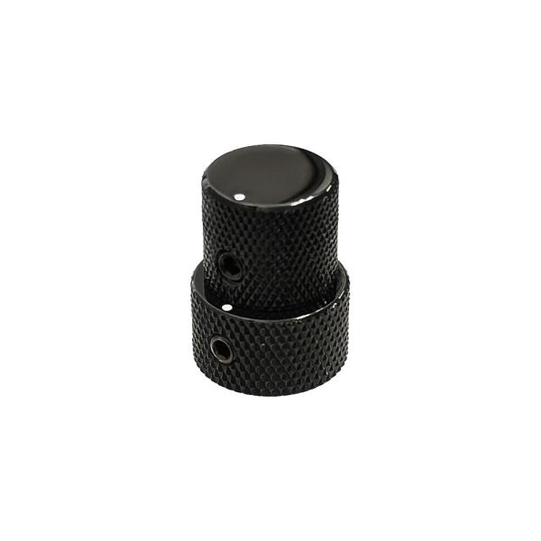 2軸2連ポット用フラットトップの2連メタルノブ。ブラックフィニッシュ。横ネジ式、上側が直径6mm、下側が直径8mmまでのシャフトに対応。※はめ込み部内径：上側直径約6.0mm、下側直径約8.1mm横ネジは2mmのミリ規格六角レンチで締め込み...