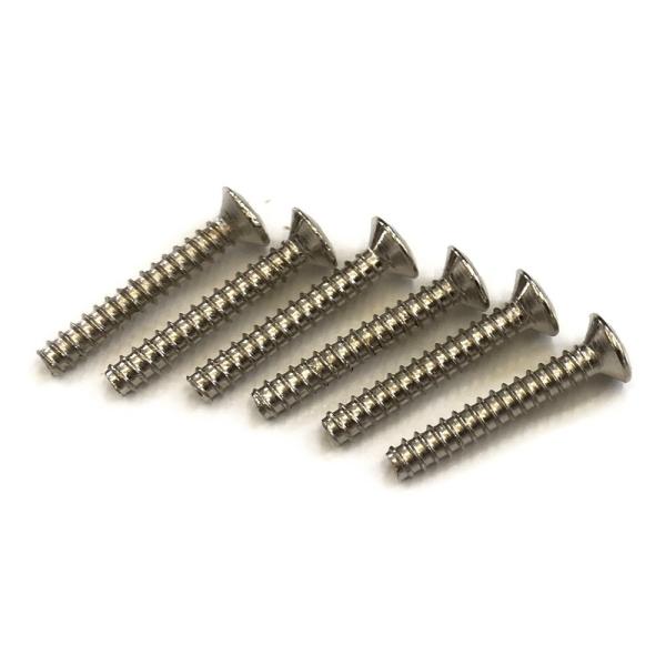 ミリ規格のストラトなどのシングルピックアップ用ネジ。※タッピングネジですので、ご注意ください。3×18mm、6個入り。オバールヘッド(丸皿頭)、ニッケルフィニッシュ