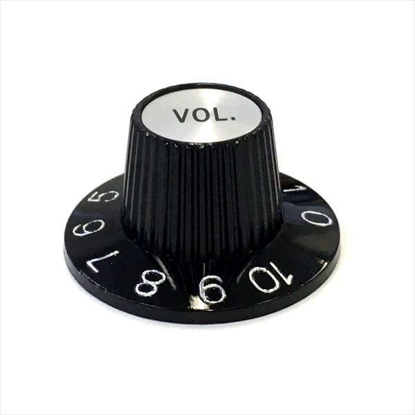 日本製ソンブレロノブ(別名ウィッチハットノブ)ブラックトッププレートはシルバーの黒文字文字は"VOL."国産・アジア製などの18山刻みミリ規格スプリットシャフト用(はめ込み式)