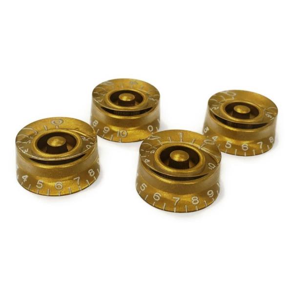 日本製24山刻みのインチ規格、18山刻みのミリ規格、どちらにも適合するようにローレット受け部分を特殊開発したギブソン系ギターに幅広く搭載されている定番のスピードノブ1〜10の数字はエンボス文字(彫り文字)タイプゴールド、4個セット