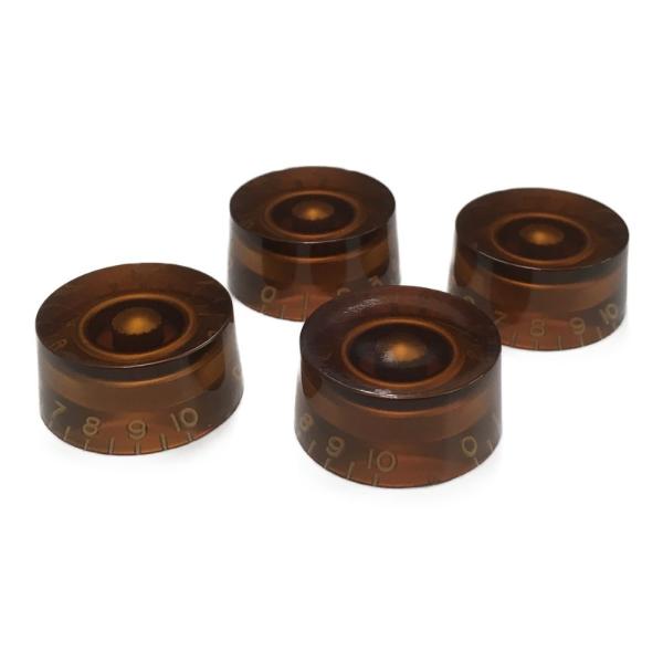 日本製24山刻みのインチ規格、18山刻みのミリ規格、どちらにも適合するようにローレット受け部分を特殊開発したギブソン系ギターに幅広く搭載されている定番のスピードノブ1〜10の数字はプリント印字タイプアンバー、4個セット