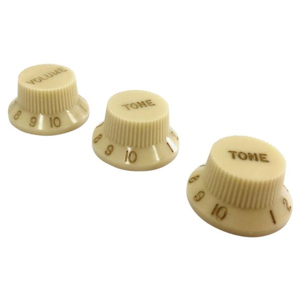 24山刻みのインチスプリットシャフト、18山刻みのミリスプリットシャフトのどちらにも対応するストラト用ノブVintage Yellow、VOLUME×1、TONE×2【日本製】