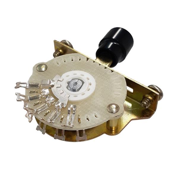 Fender USAのギターにも純正採用されているオーク製レバースイッチ。テレキャスターでの特殊配線用4段スイッチです。インチ規格品となります。取り付けネジ穴ピッチは約41mm。※なべ頭ニッケルメッキの取り付けネジ、レバーノブ(ブラック)付き。