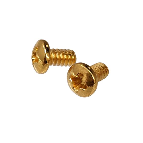 CRLやOAKなどのインチ規格レバースイッチ用ネジ。ネジ頭はラウンド(なべ)となります。#6-32UNC × 1/4"(直径：約3.5mm×長さ：約6.4mm)、ゴールドフィニッシュ、2本入り。Made in USA