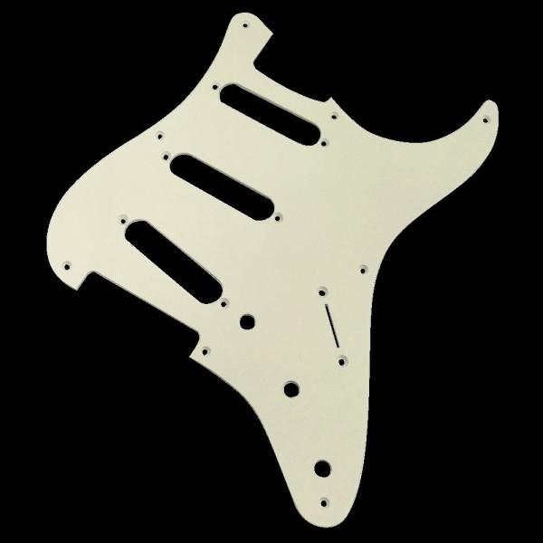 ミントアイボリー1PLY、57年式8穴タイプ、インチ規格ビンテージ感ある淡い色調のミントグリーンタイプ※サイドエッジ部分にテーパー加工のない50年代タイプFender USA互換品現行USA 50's Pickguardsを元に製作裏面は全...