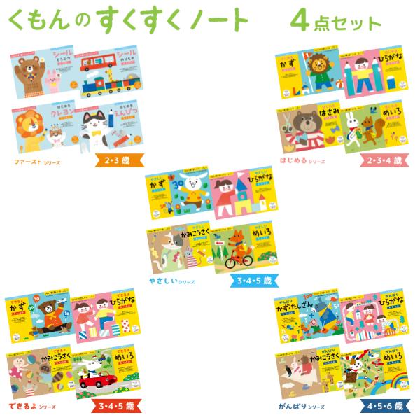 ■くもんのすくすくノート　各シリーズ　4点セット■対象・ファースト　2・3歳・はじめる　2~4歳　・やさしい　3~5歳・できるよ　3~5歳・がんばり　4~6歳■対象：3~5歳■判型・ページ数：B5判・64ページ■本体サイズ：縦18.2×横2...