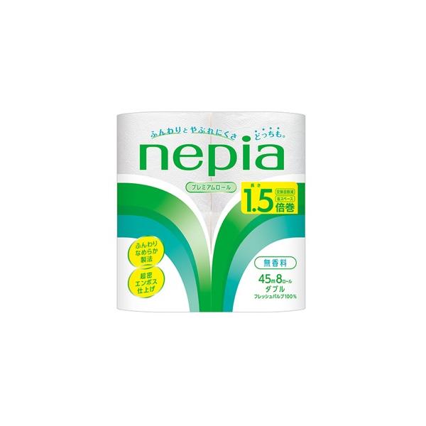 ▼5000円以上送料無料　(但し沖縄県、離島などは別途送料負担があります)　　　王子ネピア　ネピアトイレットロール１．５倍巻８ロールダブルトイレットロール無香料はふんわりとやぶれにくさ・どっちも。長さ１．５倍巻で交換回数減＆省スペースに芯あ...