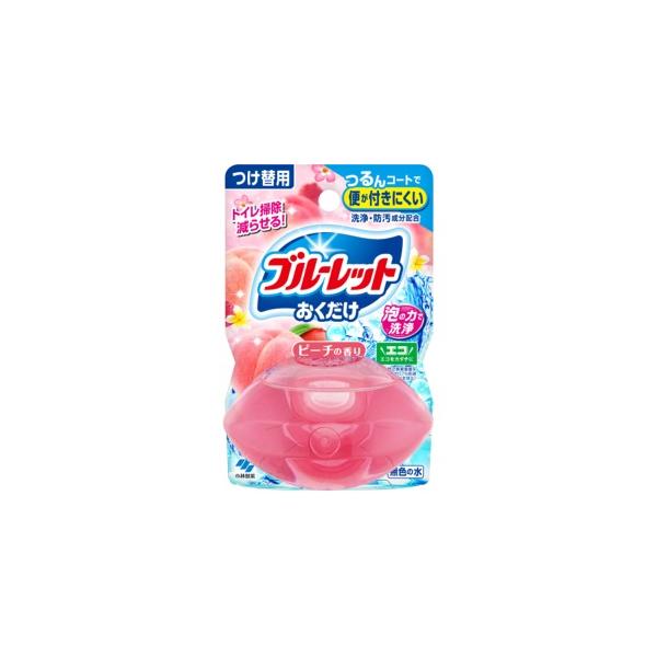 ▼5000円以上送料無料　(但し沖縄県、離島などは別途送料負担があります)　　小林製薬　液体ブルーレットおくだけ　つけ替え用ピーチの香り７０ｍｌは洗浄・防汚成分を配合。流すたびに便器表面をコートし、汚れの付着を抑える。泡立ちながら汚れを洗い...