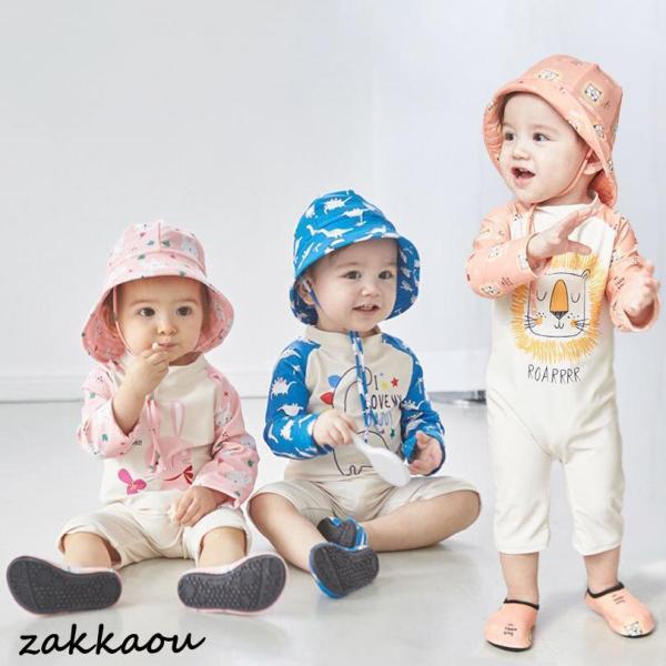 キッズ　長袖ラッシュガードかわいい　ベビー水着お子様を日焼けから守るカワイイパーカーです♪こちらは、全身を守ってくれるつなぎタイプの水着となっています。プールや海で目立ちそうなカラーで、とってもおしゃれ。小さなお子さんの肌への負担が心配なお...