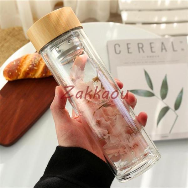 【商品名】　ガラス水筒 木の蓋 二重ガラス クリアボトル 透明 ウォーターボトル 茶こし 直飲み クリア 耐熱150度 日系 お洒落 蓋付き タンブラー【商品説明】　・【安全の素材】二層シリコンガラス性，健康な素材，硬質かつ耐熱性を備え、な...