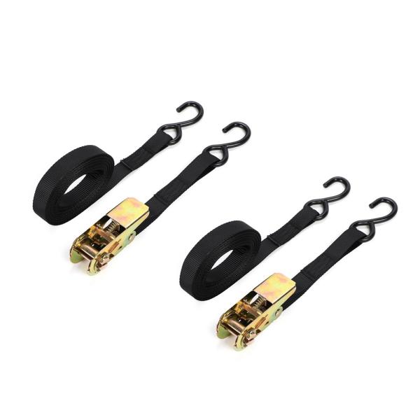 荷物を積む際に便利なタイダウンベルトです、ロック金具が付いていますので簡単に締めこみ荷物を固定することができます。サイズ　幅2.5　長さ5m　2個セットバイクや台車、自動車などの荷締め用として便利にご使用いただけます。末端を引っ張るだけで調...