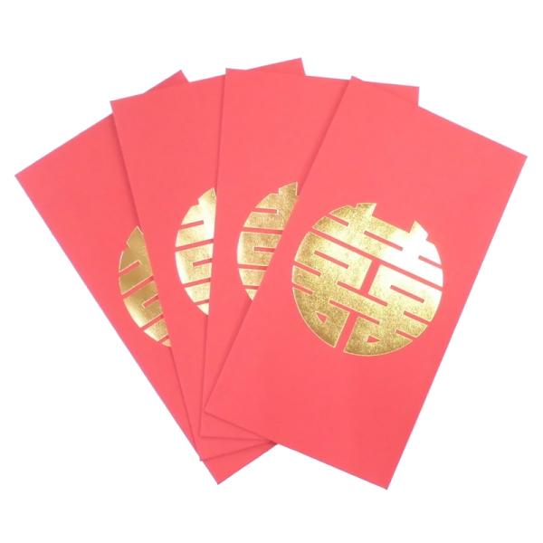 「紅包(ホンバオ)」と呼ばれる、中国の祝い袋(祝儀袋)です。中央には、円形の飾り文字で「双喜」と書かれています。「喜」の文字を二つ重ねたこの文字は双喜と呼ばれ、中国では結婚式によく使われるデザインですよ。16.4×8.8cm(一般的なサイズ...