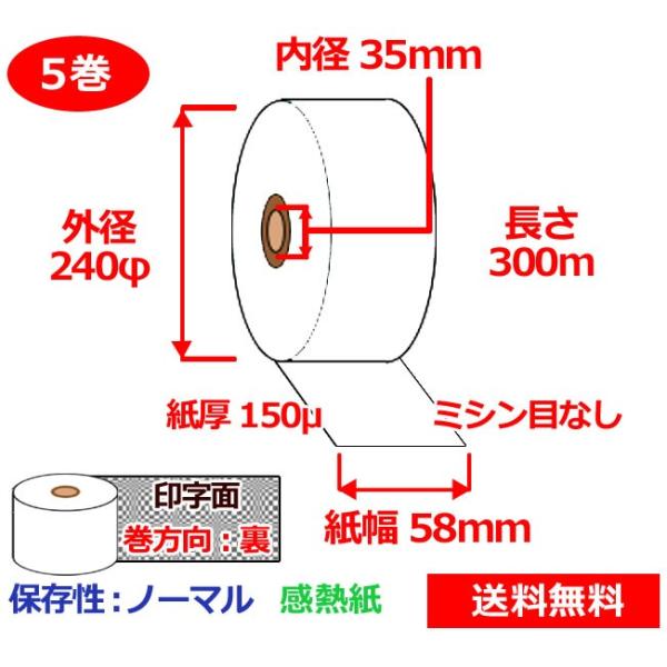 券売機用感熱ロール紙 58mm×300ｍ×35mm 150μ　5巻 白 サーマルロール紙！汎用の感熱紙ロール券売機(発券機)、チケットに最適な厚手の感熱ロール紙です。サイズが合えば機種を問わず利用可能です。ミシン目なし■紙厚150μ■巻方向...