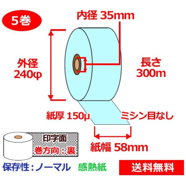 券売機用感熱ロール紙 58mm×300ｍ×35mm 150μ　5巻 青 サーマルロール紙！汎用の感熱紙ロール券売機(発券機)、チケットに最適な厚手の感熱ロール紙です。サイズが合えば機種を問わず利用可能です。ミシン目なし■紙厚150μ■巻方向...