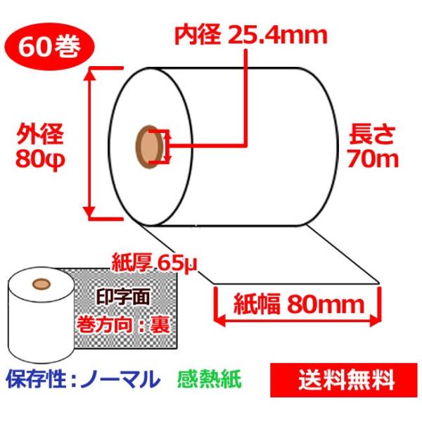 感熱ロール紙 80mm×80mm×25.4mm 65μ 60巻 サーマルロール紙 レジロール！汎用の感熱紙ロール レジロール。サイズが合えば機種を問わず利用可能です。■紙幅×外径×内径（芯径）80mm×80mm×25.4mm■紙厚65μ■巻...