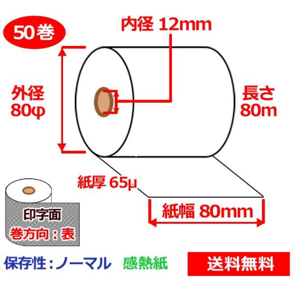 感熱ロール紙 80mm×80mm×12mm 65μ 50巻 サーマルロール紙 レジロール！汎用の感熱紙ロール レジロール。サイズが合えば機種を問わず利用可能です。■紙幅×外径×内径（芯径）80mm×80mm×12mm■紙厚65μ■巻方向表■...