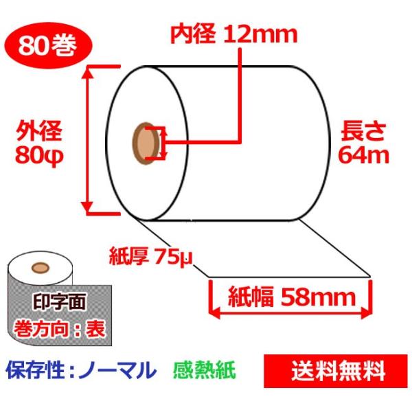 感熱ロール紙 58mm×80mm×12mm 75μ 80巻 サーマルロール紙 レジロール！汎用の感熱紙ロール レジロール。サイズが合えば機種を問わず利用可能です。■紙幅×外径×内径（芯径）58mm×80mm×12mm■紙厚75μ■巻方向表■...