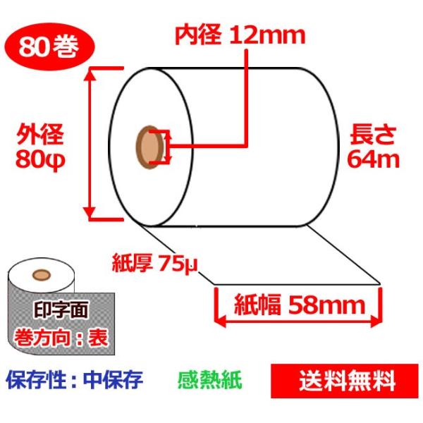 感熱ロール紙 58mm×80mm×12mm 75μ 80巻 中保存 サーマルロール紙 レジロール！汎用の感熱紙ロール レジロール。サイズが合えば機種を問わず利用可能です。■紙幅×外径×内径（芯径）58mm×80mm×12mm■紙厚75μ■巻...