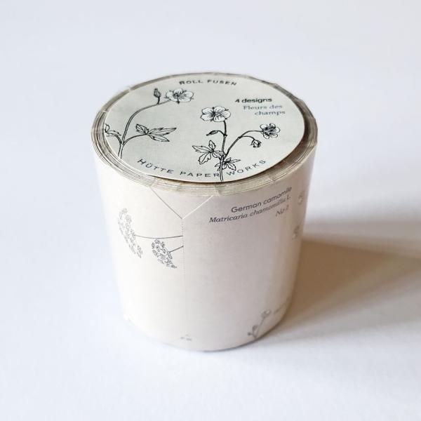 Hutte paper worksさんのロール付箋紙付箋1枚のサイズ：40mmｘ50mm　4m巻　4つのデザインの繰り返しで、ミシン目で切り離せます全面糊でシールのように使えます