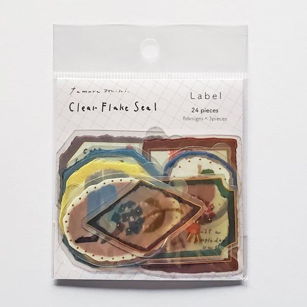 ちぎり絵作家・イラストレーターの田村美紀さんのクリアフレークシールパッケージサイズ：10.3ｘ7.8cm8種×各3枚（24枚入）　金箔押しシール素材:PET, 箔