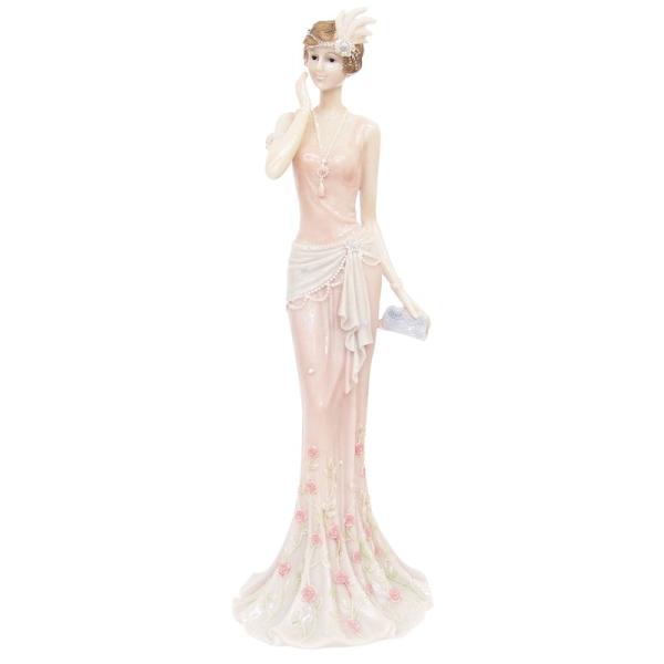 サイズ：約幅11.0×奥行9.5×高さ30.5cm素　材：樹脂※定形外郵便物不可デザイン：人形 貴婦人 女性 花 バラ 羽根 ピンク 淡いデティールに凝った繊細な作りの貴婦人の人形です。細やかな作りと優しい色合いの人形。スカート部分にピンク...