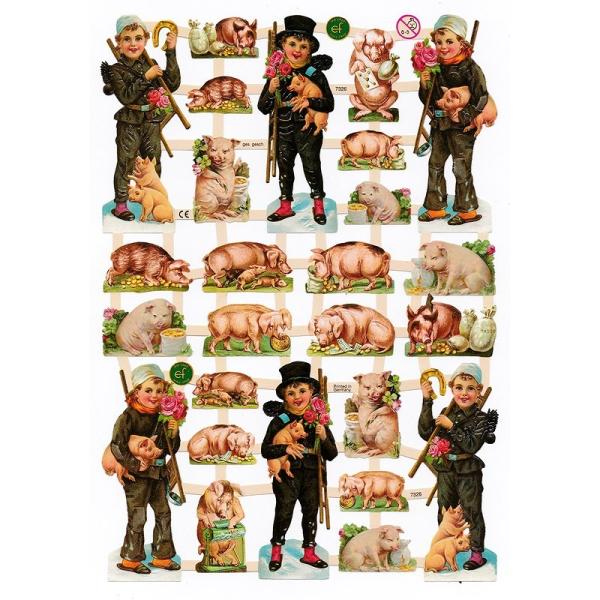 サイズ：23.5×16.5cm素　材：紙製※定形外郵便物可ブランド：エルンスト・フライホーフデザイン：動物 ピッグ 子豚レトロなイラストがデザインされた、ハイセンスで美しいクロモス。オシャレな格好をした男の子たち。小脇に抱えるのはブタさんで...