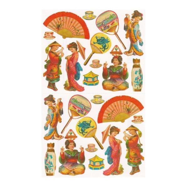 サイズ：約横幅10.0×縦幅16.3cm（シートの大きさ）素　材：紙製※定形外郵便物ＯＫブランド：Punch Studioデザイン：女性 アジア 日本 中国 扇子 花器レトロなイラストがプリントされた数十年前のヴィンテージシールです。和風の...