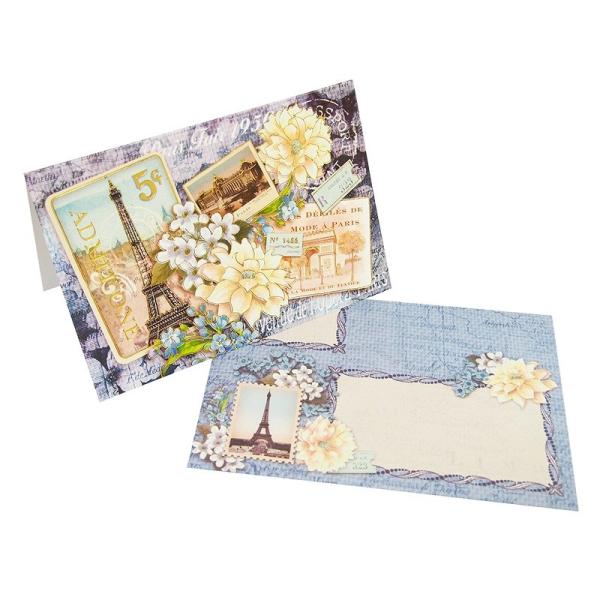 サイズ：約横幅15.3×縦幅10.2cm（カードのサイズ）※定形外郵便物OKブランド：Punch Studioデザイン：花 エッフェル塔 凱旋門 青色 白色パンチスタジオの二つ折りグリーティングカードです。ブルーを基調をとしたカードには、ゴ...