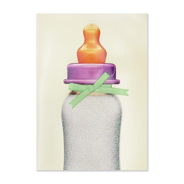 サイズ：約横幅18.5×縦幅13.4cm（封筒のサイズ）※定形外郵便物OKブランド：ポータルデザイン：出産 お祝い 哺乳瓶 リボン 白色 緑色 紫色 オレンジポータルの二つ折りグリーティングカードです。可愛らしい緑のリボンが飾られた哺乳瓶。...