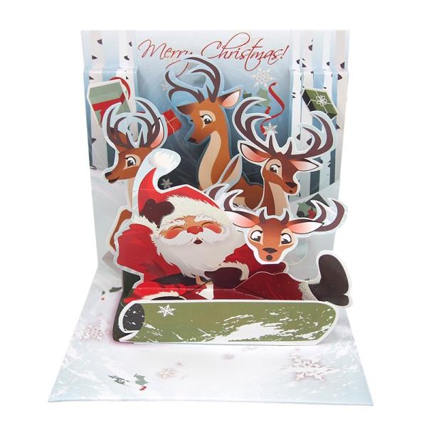 サイズ：横幅14.3×縦幅14.3cm（封筒のサイズ）　　　　 横幅13.3×縦幅13.3cm（カードのサイズ）素　材：紙製※定形外郵便物可ブランド：Up with Paperデザイン：クリスマス サンタ トナカイ 雪イラストが飛び出して立...