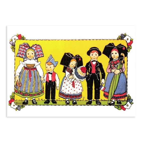 サイズ：約縦幅10.5×横幅15.0cm※定形外郵便物OKブランド：Hansiデザイン：男の子 女の子 フランス 民族衣装 子供 プレッツェルコルマール出身の画家「ハンジ」が描く、フランスアルザス地方の民族衣装を着た子供たちのイラスト。記念...