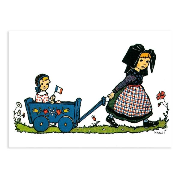 サイズ：約縦幅10.5×横幅15.0cm※定形外郵便物OKブランド：Hansiデザイン：男の子 女の子 フランス 民族衣装 子供 乳母車コルマール出身の画家「ハンジ」が描く、フランスアルザス地方の民族衣装を着た子供たちのイラスト。青いベビー...