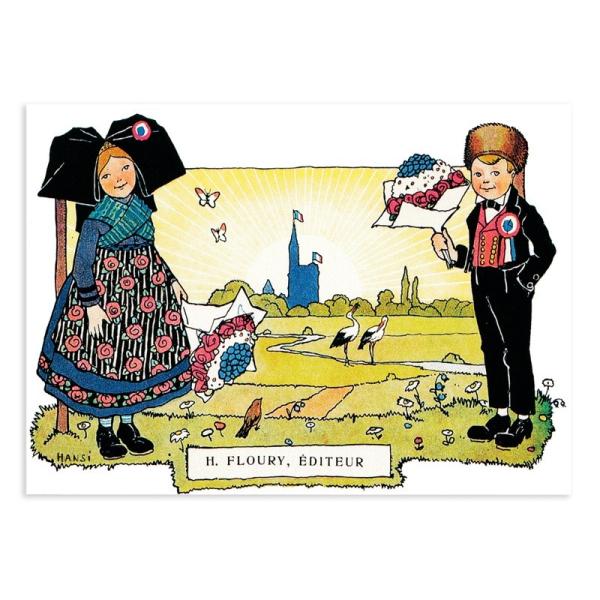 サイズ：約縦幅10.5×横幅15.0cm※定形外郵便物OKブランド：Hansiデザイン：男の子 女の子 フランス 民族衣装 子供 カップル 花束コルマール出身の画家「ハンジ」が描く、フランスアルザス地方の民族衣装を着た子供たちのイラスト。花...