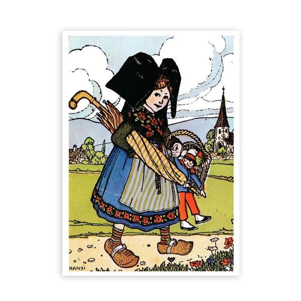 サイズ：約縦幅10.5×横幅15.0cm※定形外郵便物OKブランド：Hansiデザイン：女の子 フランス 民族衣装 子供 傘 人形 バスケットコルマール出身の画家「ハンジ」が描く、フランスアルザス地方の民族衣装を着た子供たちのイラスト。両手...