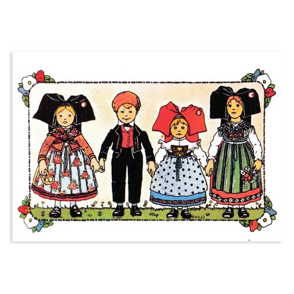 サイズ：約縦幅10.5×横幅15.0cm※定形外郵便物OKブランド：Hansiデザイン：男の子 女の子 フランス 民族衣装 子供 プレッツェルコルマール出身の画家「ハンジ」が描く、フランスアルザス地方の民族衣装を着た子供たちのイラスト。手を...
