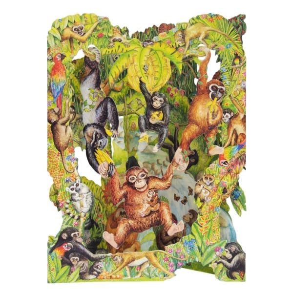 サイズ：約縦幅20.5×横幅15.0cm （封筒のサイズ）素　材：紙製※定形外郵便物可ブランド：SANTORO GRAPHICSデザイン：ジャングル 猿 ばなな 鳥 花 茶色 黒色 白色 黄色 折りたたまれたカードを、三角に組み立て、飾るこ...