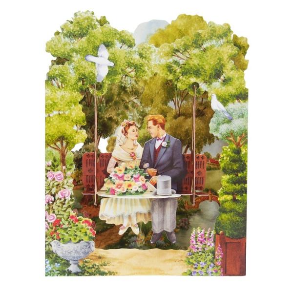 サイズ：約縦幅20.5×横幅15.0cm （封筒のサイズ）素　材：紙製※定形外郵便物可ブランド：SANTORO GRAPHICSデザイン：結婚 結婚祝い お祝い 新郎 新婦 ドレス 花 ブーケ 鳥 ハト 白色 赤色 緑色折りたたまれたカード...