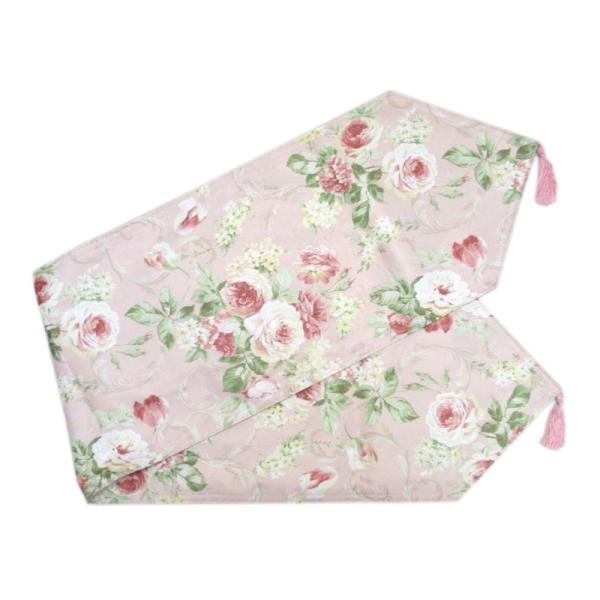 サイズ：約横幅150.0×縦幅32.0cm素　材：ポリエステル100％ 撥水加工※定形外郵便物ＯＫデザイン：テーブルランナー タッセル 花 ピンク 緑色光沢感のある生地に華やかな花柄が描かれたオシャレなテーブルランナーです。生地も厚手で丈夫...