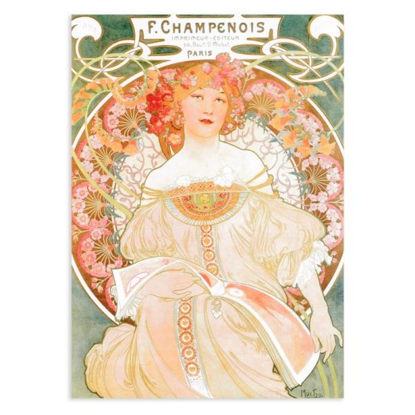 サイズ：約縦幅10.5×横幅15.0cm※定形外郵便物OKブランド：TUSHITA FINE ARTS GMBHデザイン：絵画 女性 花 白色 赤色 ピンク アルフォンス・ミュシャのポストカードです。プリントされているのは「夢想」F.シャン...