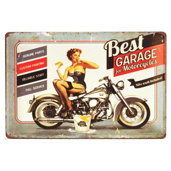 サイズ：約縦20.0×横30.0cm素　材：ブリキ※定形外郵便物ＯＫデザイン：アメリカ ガレージ 看板 ポスター 女性 バイクレトロアメリカンなイラストがデザインされたメタルプレートです。４隅に穴があり、ワイヤーや画鋲等で壁に飾ることが出来...