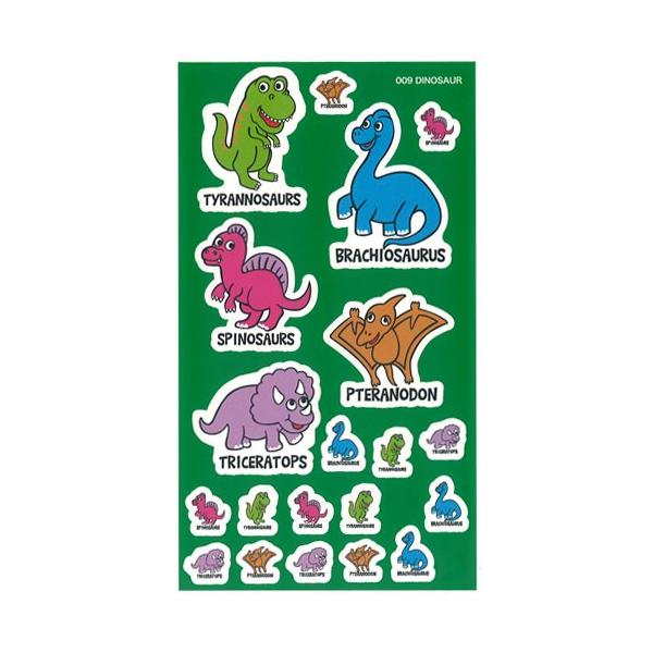 恐竜(スピノサウルス SPINOSAURS・プテラノドン PTERANODON・ブラキオサウルス BRACHIOSAURUS・トリケラトプス TRICERATOPS・ティラノサウルス TYRANNOSAURS)のシール　◇台紙サイズ：9×1...