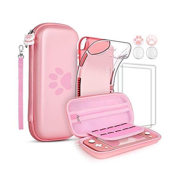 ・ピンク 猫の爪  SWL3P・・Color:ピンク 猫の爪・【お得な8点セット】スイッチライト 対応 収納ケース*1（ピンク）、シリコンカバー*1（半透明）、強化ガラスフィルム*2、ジョイコン スティック カバー*4（白い猫の爪*1+ピン...