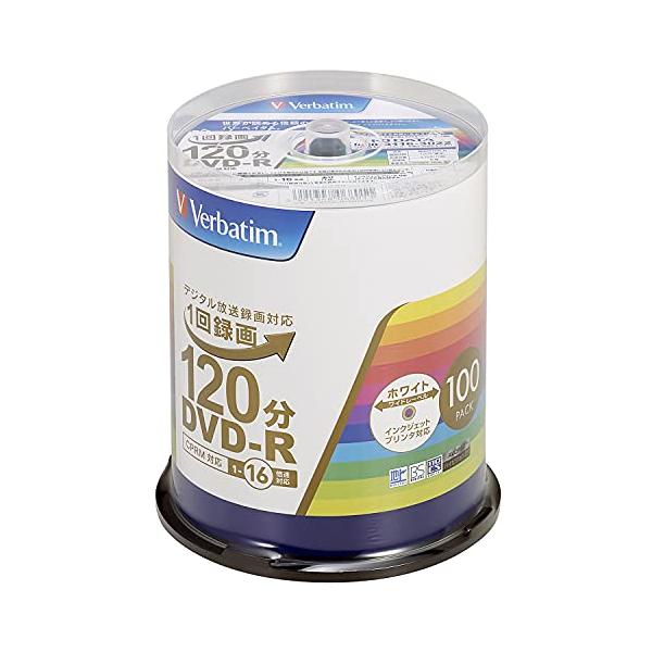 1.単品ホワイト/100枚/VHR12JP100V4・Size:100枚・パッケージ個数:1・品種:録画用 DVD-R・1回録画用・録画時間:120分・盤面印刷:○（ホワイト） / 範囲:22mm-118mm(ワイド)・倍速:1-16倍速 ...