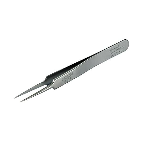 先端極薄仕上げ・  P-873・・Style:先端極薄仕上げ・先端精度にこだわった極薄仕上げ・先端が超薄型の完全非磁性ピンセット。・極薄仕上げで密集したチップパーツの間にも入ります。