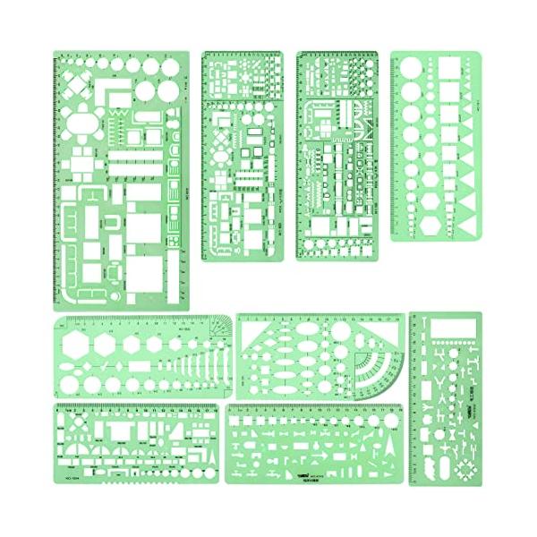 描画テンプレート・９枚 1 ・・Color:９枚・【仕様】セット内容：定規テンプレート×9、収納袋×1　材質：プラスチック　サイズ：最大：30×15.5×0.15ｃｍ　最小：19×9×0.1ｃｍ　カラー：グリン（透明）・【8種類テンプレート...