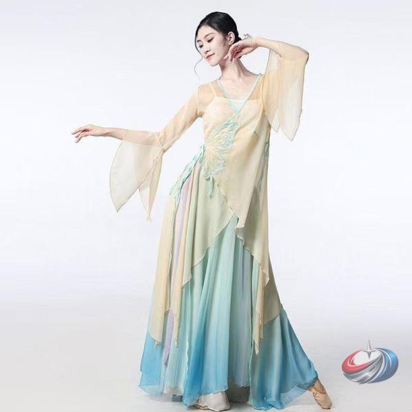 商品詳細  エスニック　グラデーション中華古典舞踊ダンス衣装内容羽織（白インナー付）2680円上下3点SET：3960円パンツのみも対応できます。お問い合わせよりご連絡ください。サイズ（CM） S：バスト90　肩幅38　袖丈40　着丈100...