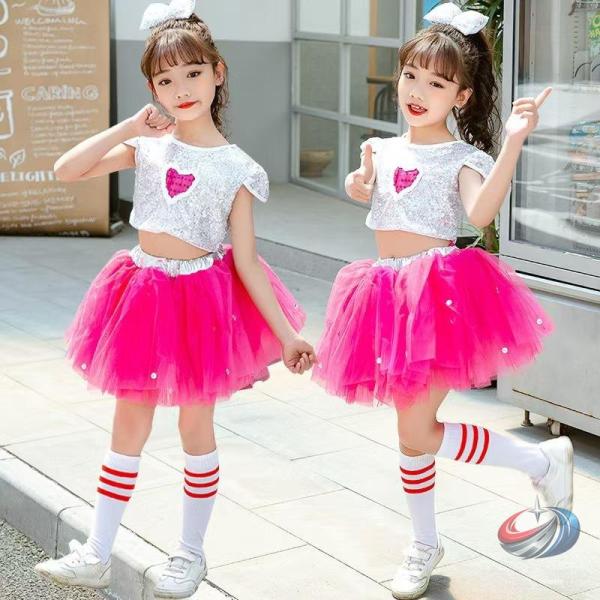 キッズ ダンス 衣装 チアダンス セットアップ へそ出し トップス スパンコール キッズ 女の子 キラキラ ピンク スカート パンツ チュールスカート トップス